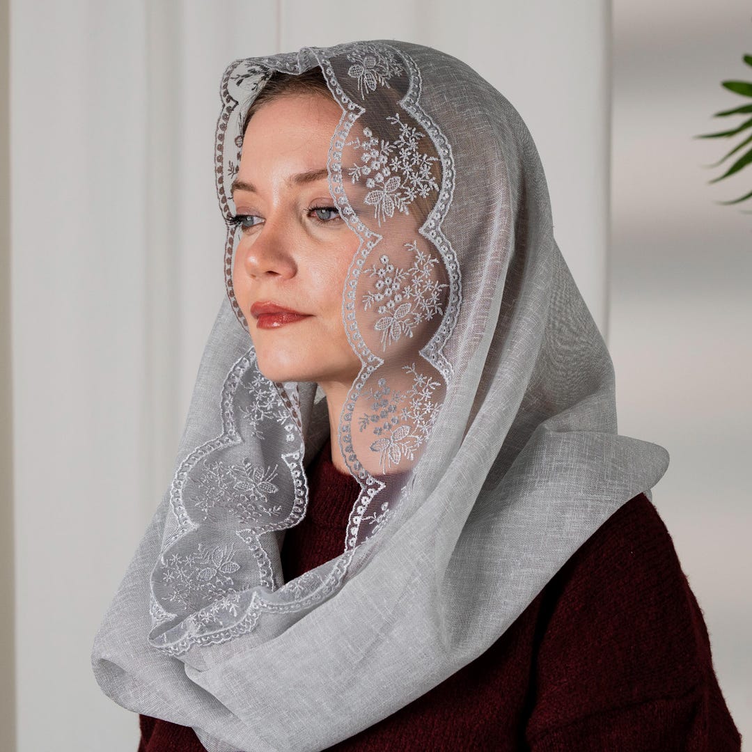 Linen Embroidered Veil, Grey Linen Mantilla, Infinity Veil, Handmade ...