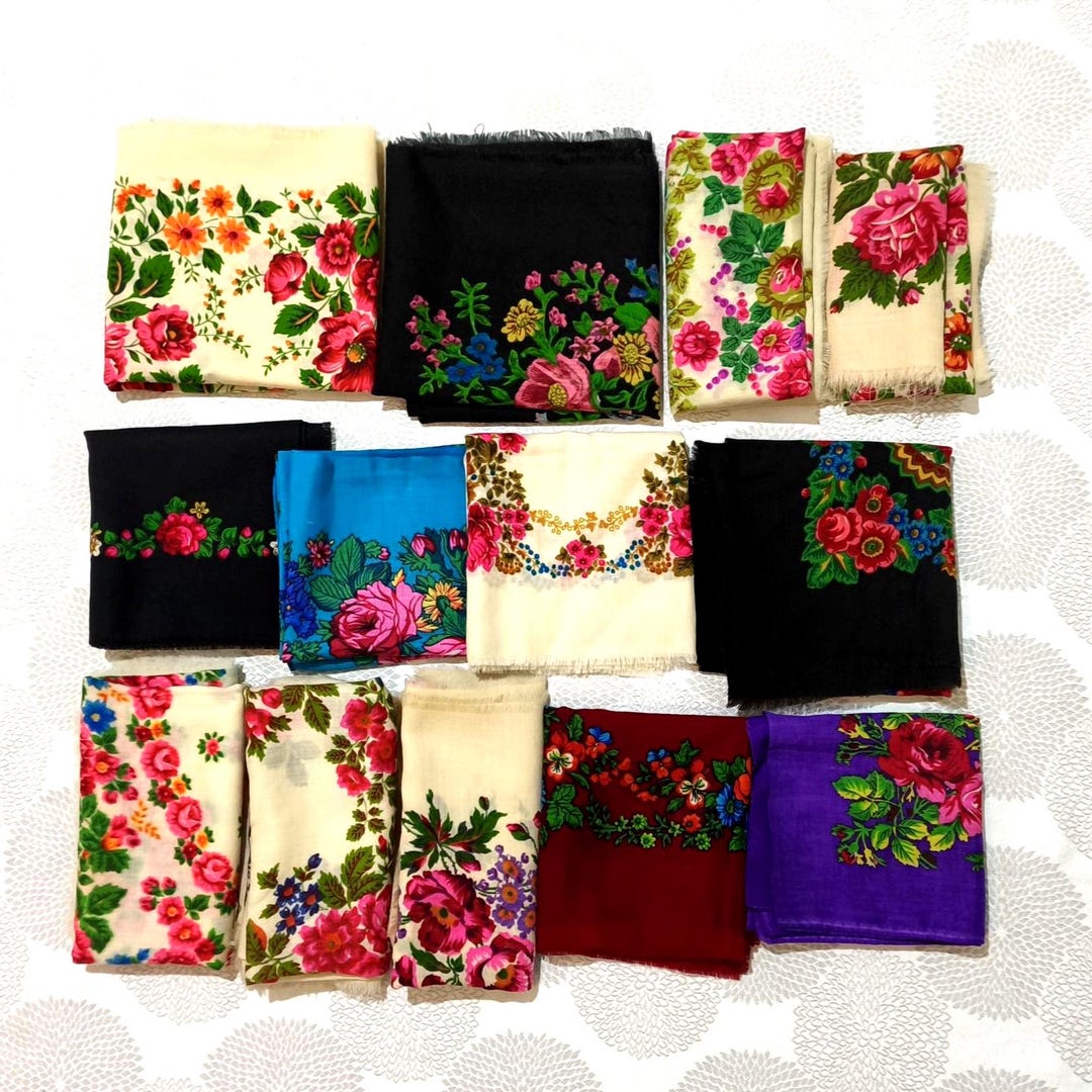 Vintage Wool Floral Shawl – Soviet Ukrainian Russian Babushka Scarf ...