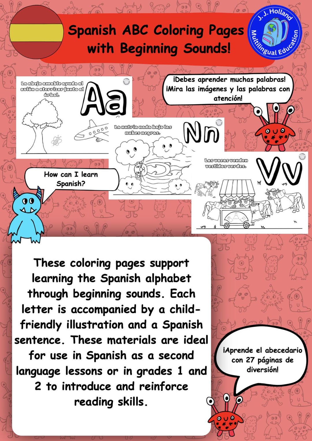 Spanish ABC Coloring Pages With Beginning Sounds Practice! , Preschool ...