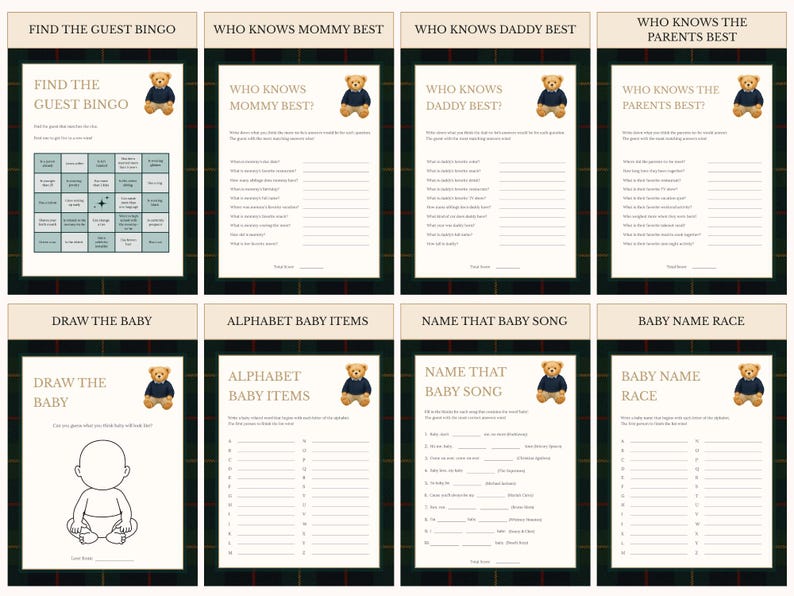 Polo Teddy Bear Baby Shower Games - Vintage, Preppy Theme (editable ...