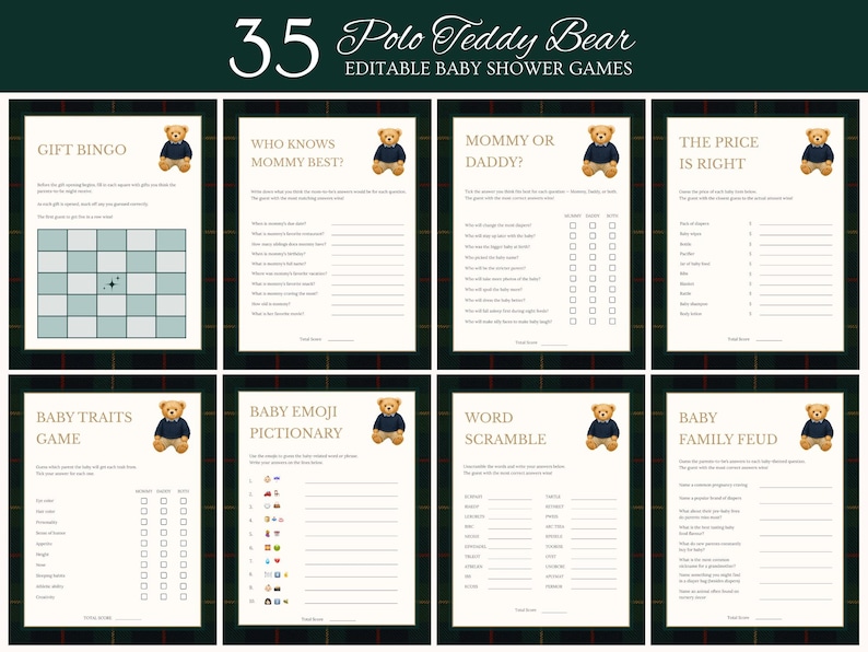 Polo Teddy Bear Baby Shower Games - Vintage, Preppy Theme (editable ...