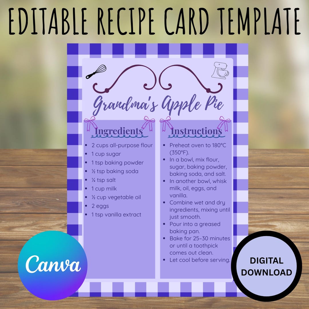 Editable Grandma's Recipe Card Purple for Ingredients and Instructions ...