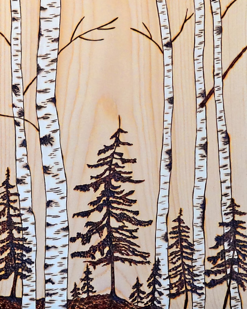 Birch & Pine Tree, Pyrography Landscape Print, Printable Wall Decor ...