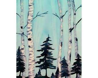 Birch & Pine Tree, Pyrography Landscape Print, Printable Wall Decor ...