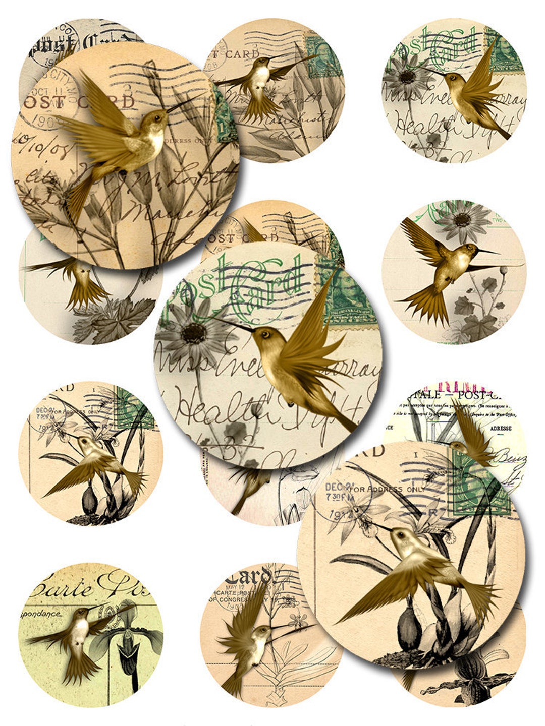 Hummingbirds Vintage Postal Cards Rounds Ovals Instant Download for ...