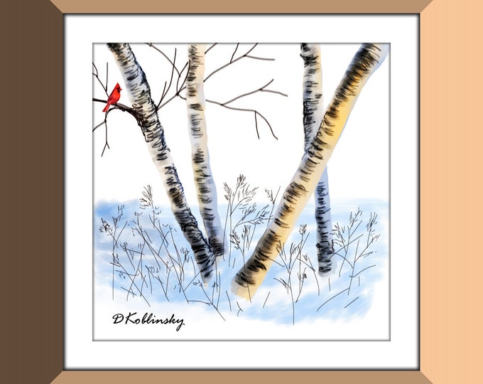 Birch & Pine Tree, Pyrography Landscape Print, Printable Wall Decor ...
