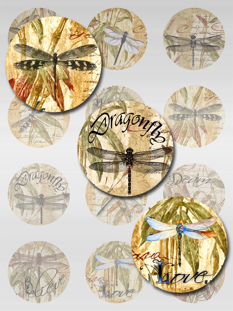 Dragonfly Ephemera Bamboo Instant Download 1 and 2 Inch Round Circle ...