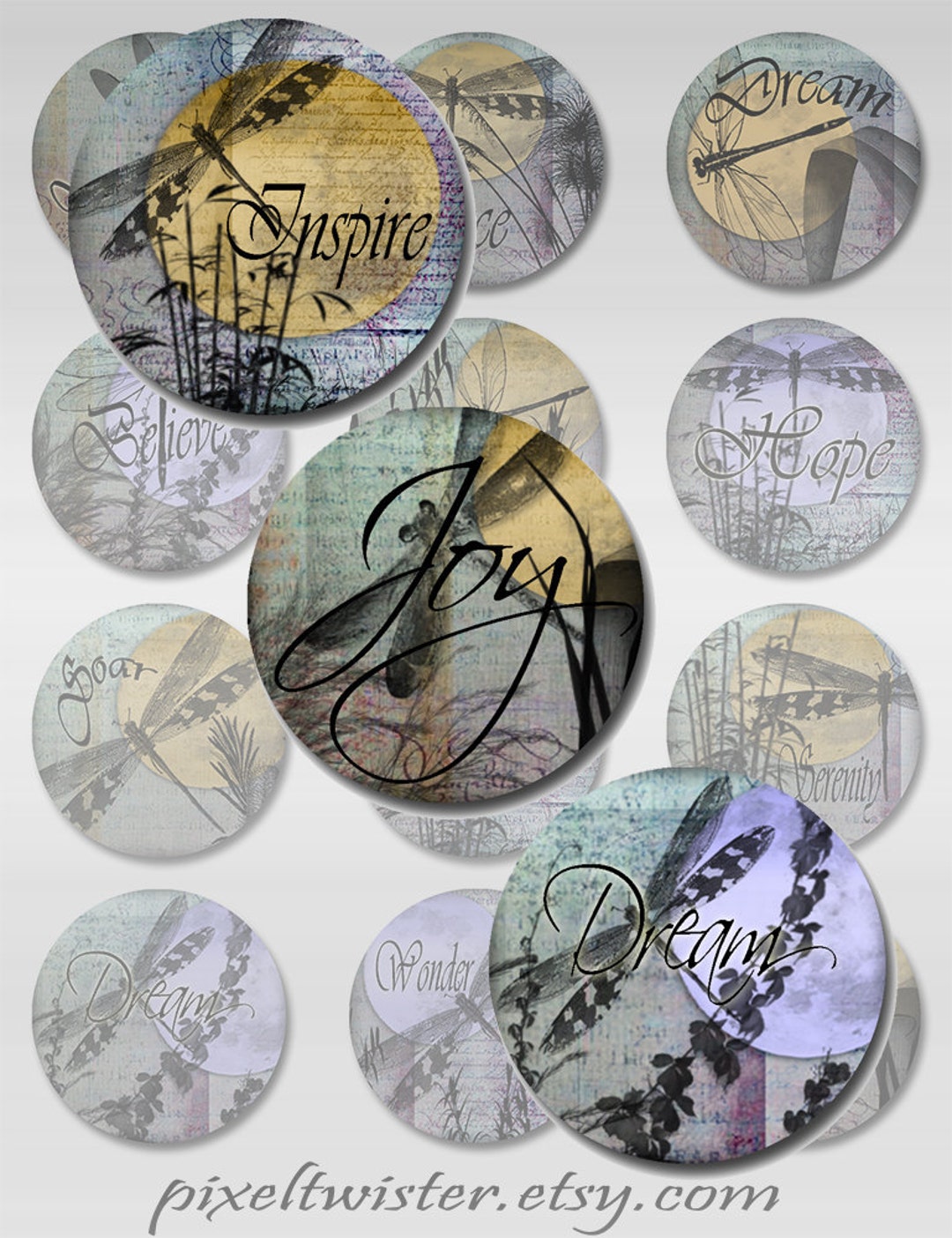 Dragonfly Moon Ephemera Instant Download 1 and 2 Inch Round Collage ...