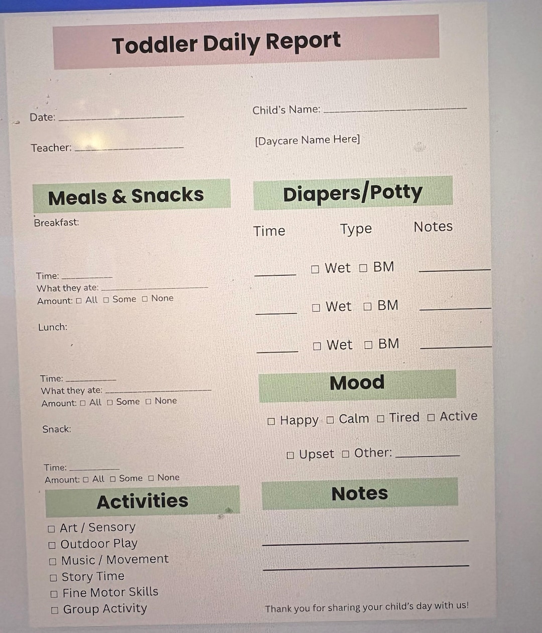 Editable Daycare Toddler Daily Report - Etsy