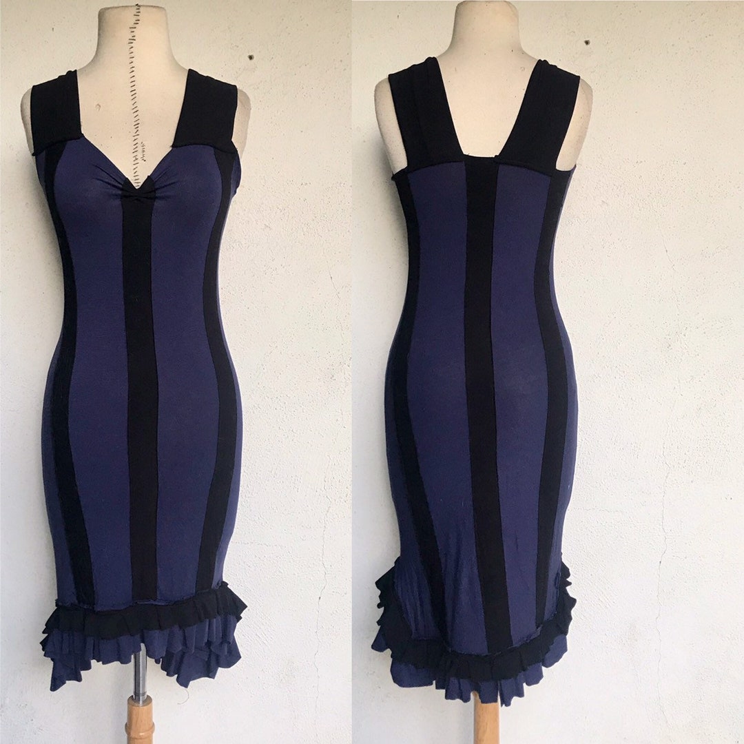 Beetle Dress Navy Blue and Black Steampunk Dress Striped Dress Gothic ...