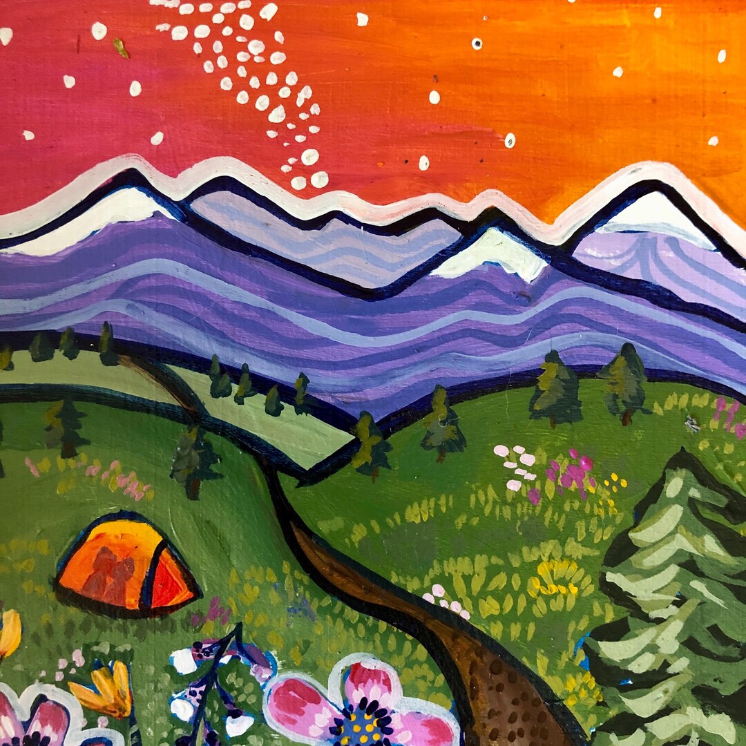 Backpacker Art Original Mountain Painting With Flowers on Wood Panel - Etsy