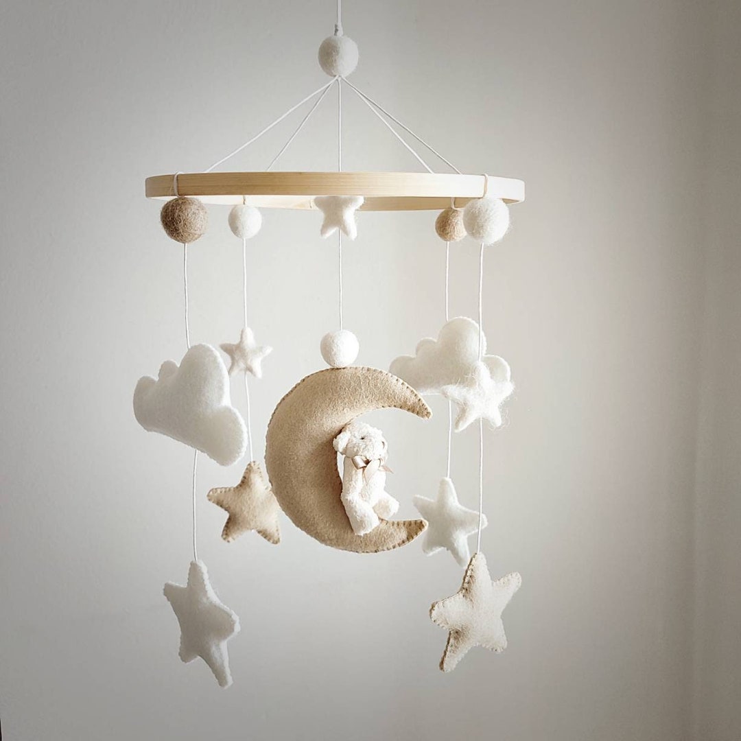 Plush Teddy Bear on a Moon With Stars and Clouds, Baby Cot Mobile With ...