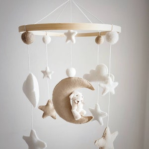 Plush Teddy Bear on a Moon With Stars and Clouds, Baby Cot Mobile With ...