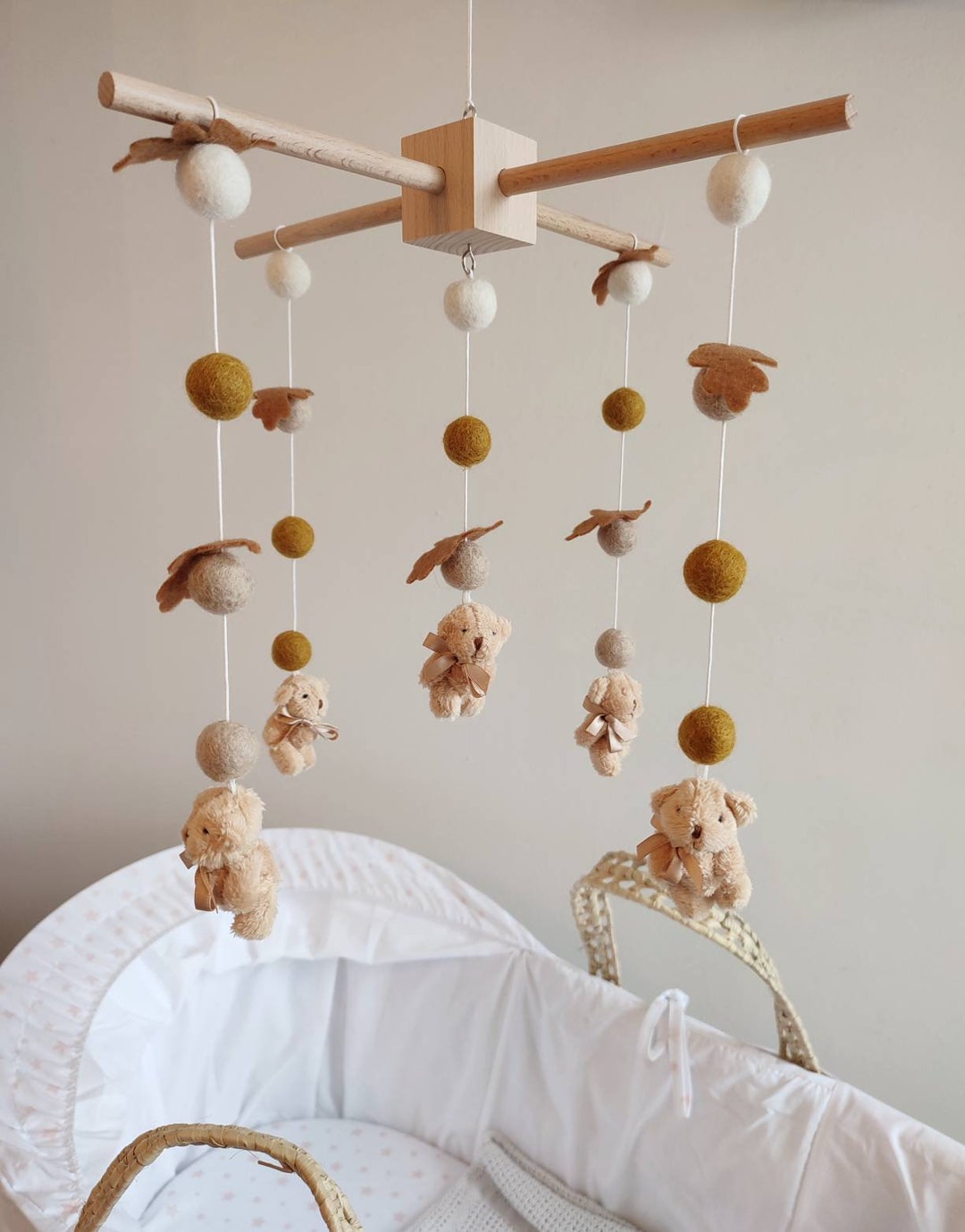 Handcrafted Plush Teddy Bear Wood Cot Mobile With Wool Felt Pom-poms ...