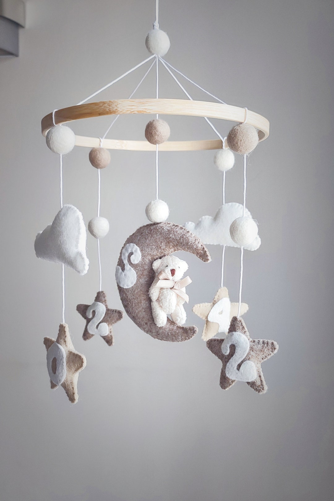 Plush Teddy Bear on a Moon With Clouds & Stars Cot Mobile. Color ...