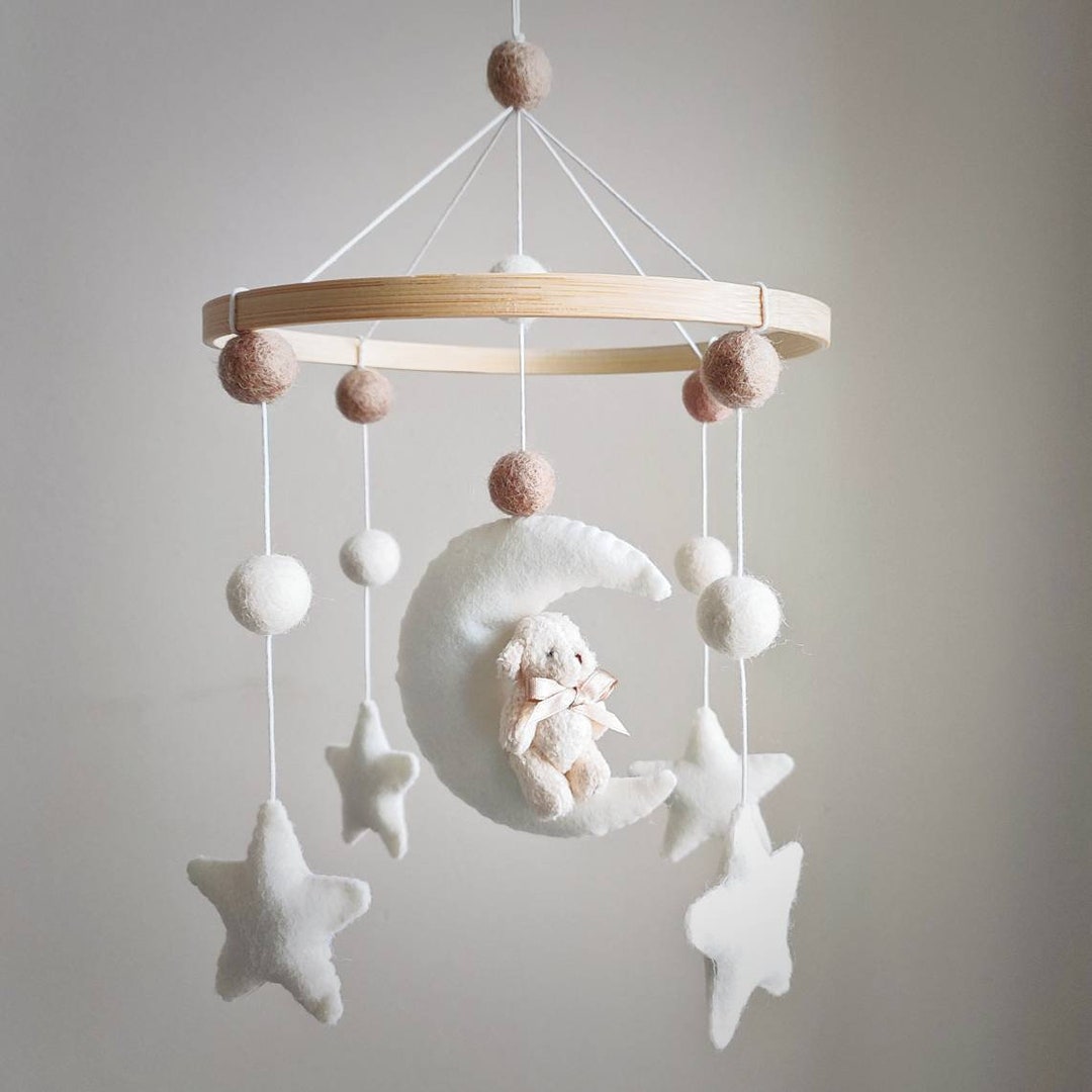 Plush Teddy Bear on a Moon With Stars Cot Mobile With Wool - Etsy UK
