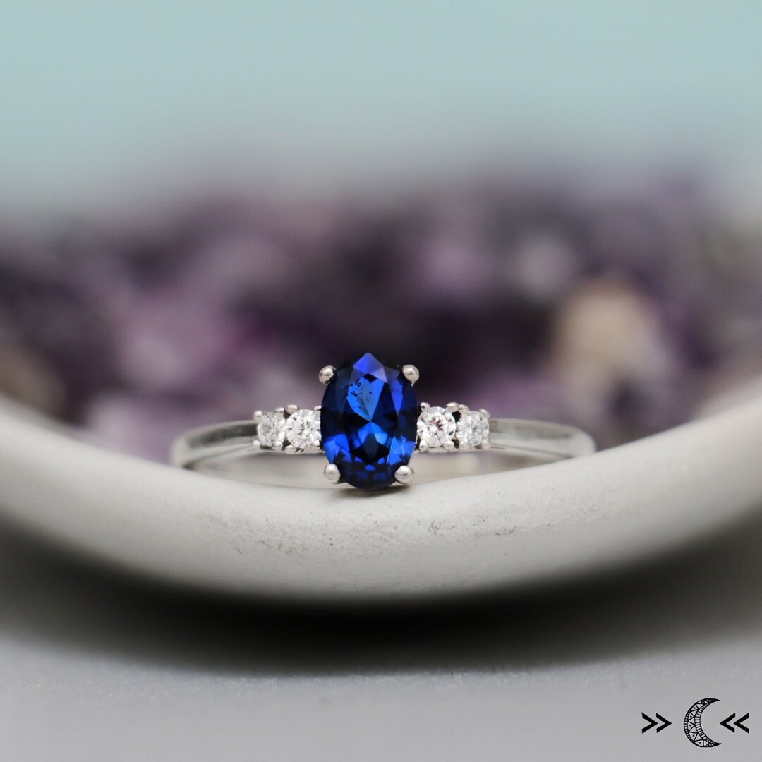 5 Stone Sapphire Engagement Ring, Sterling Silver Oval Blue Sapphire ...