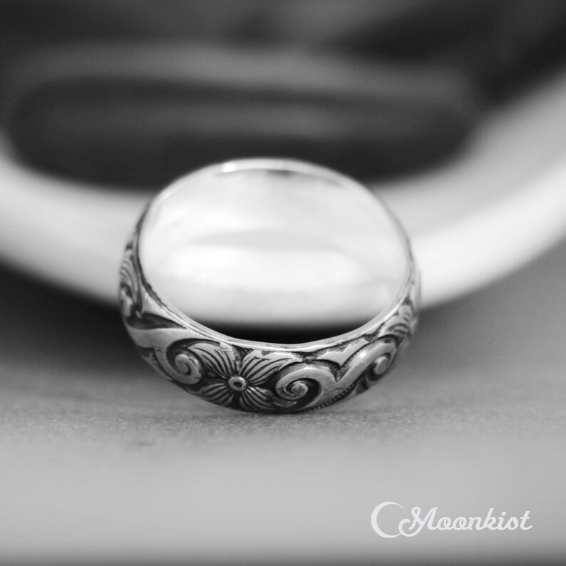 Scroll Wedding Band Sterling Silver Posy Ring Botanical - Etsy
