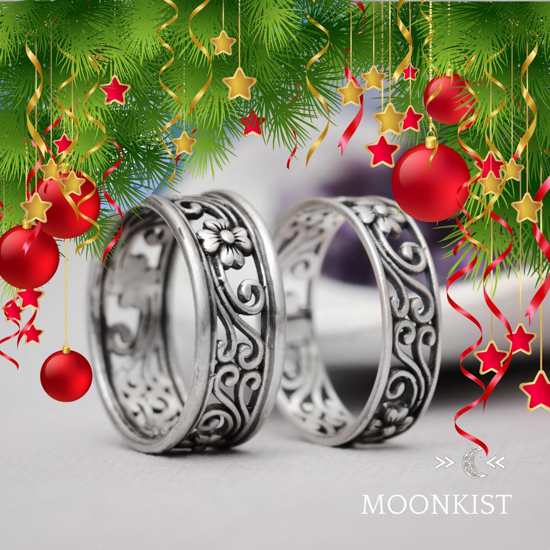 Antique Magnolia Wedding Band Set for Men and Women, Silver Flower ...