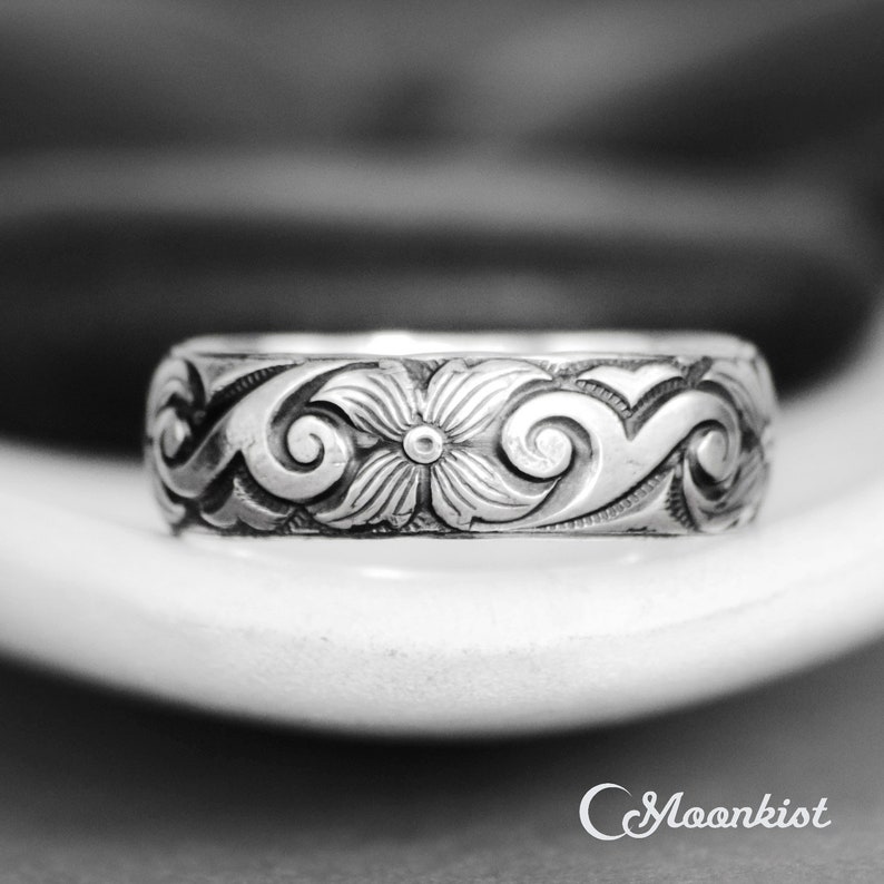 Scroll Wedding Band Sterling Silver Posy Ring Botanical - Etsy