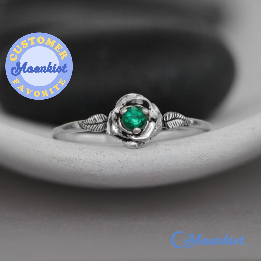 Dainty Emerald Promise Ring, Sterling Silver Rose Engagement Ring ...