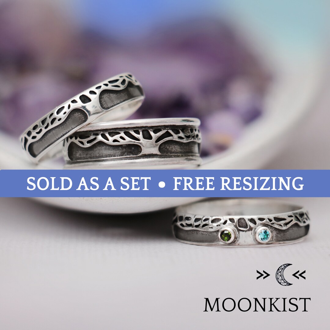 Oak Tree Silver Wedding Band Set, His and Hers 3 Piece Wedding Ring Set ...