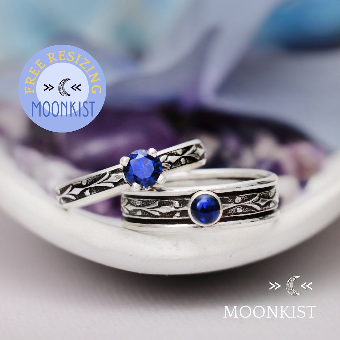 Blue Sapphire Matching Promise Rings for Couples, His and Hers Wedding ...