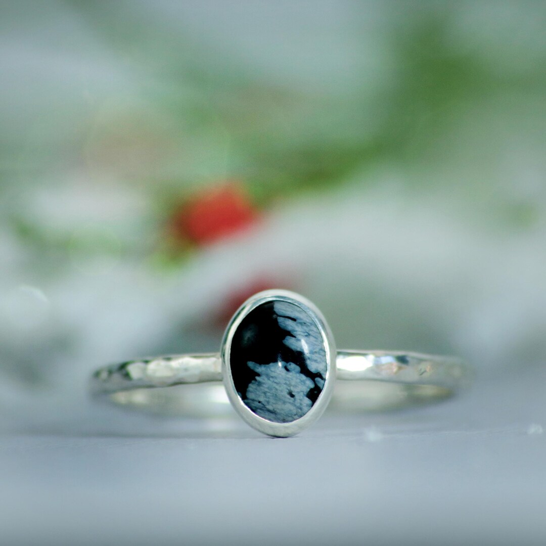 Oval Snowflake Obsidian Promise Ring, Sterling Silver Obsidian Ring for ...