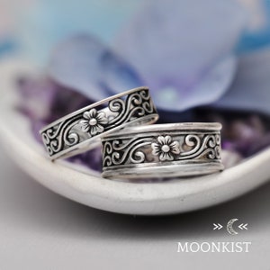 Antique Magnolia Wedding Band Set for Men and Women, Silver Flower ...
