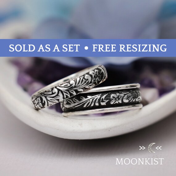 Flower Matching Promise Rings for Couples Sterling Silver Wedding Bands His and Her Wedding Ring Set Moonkist Designs Etsy
