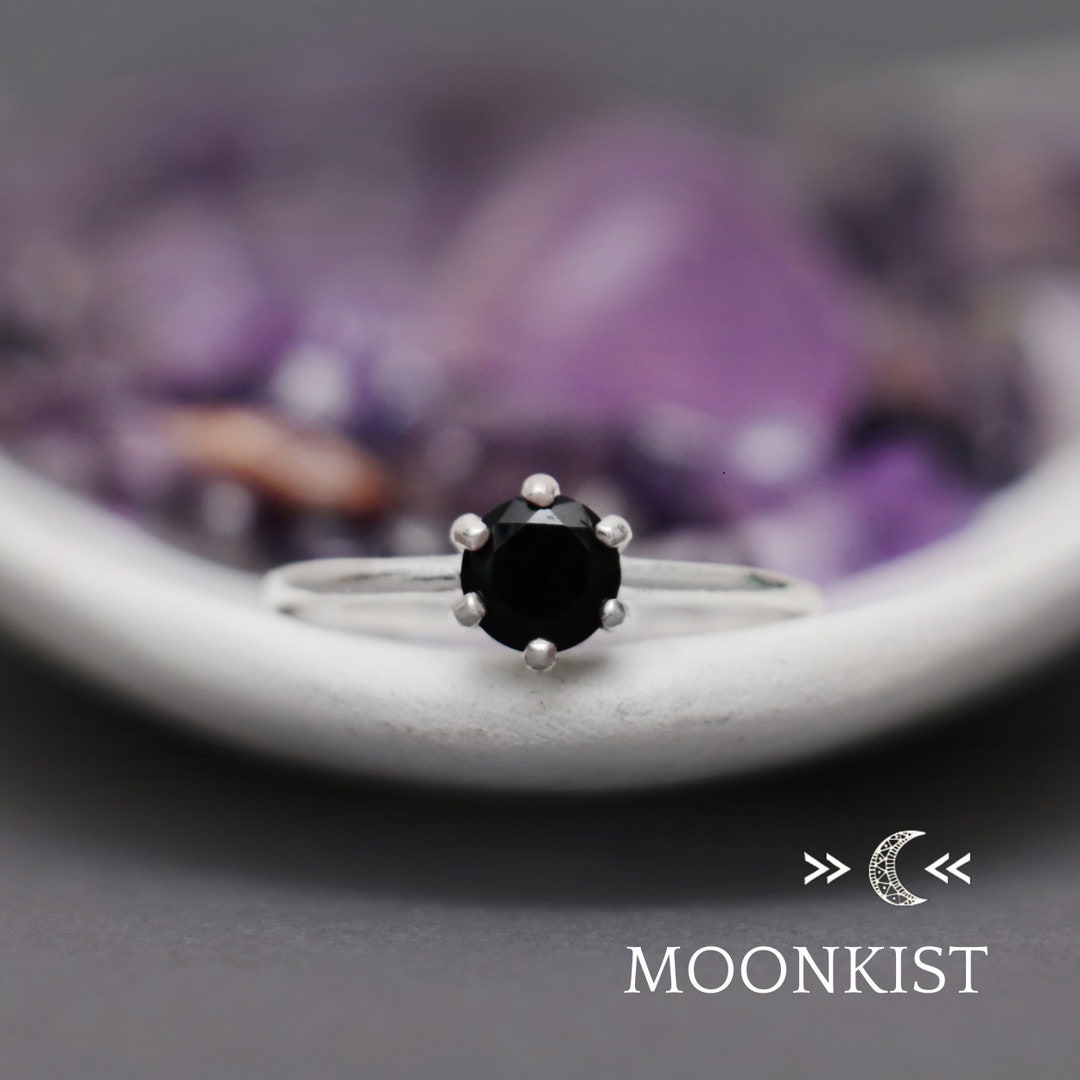 Black Spinel Solitaire Ring, Sterling Silver Classic Engagement Ring ...