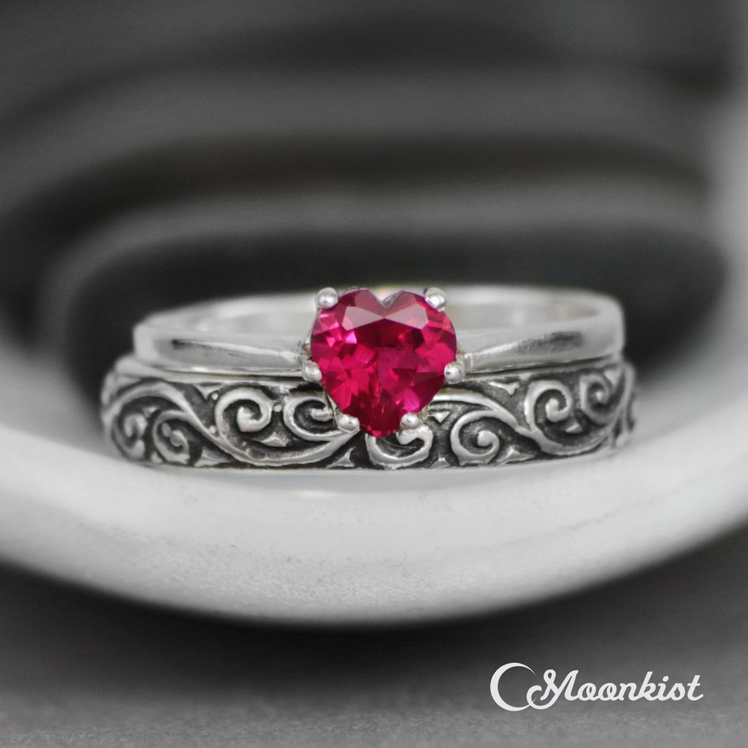 Ruby Heart Engagement Ring Set, Sterling Silver Ruby Heart Ring, Ruby Promise Ring for Her, July ...