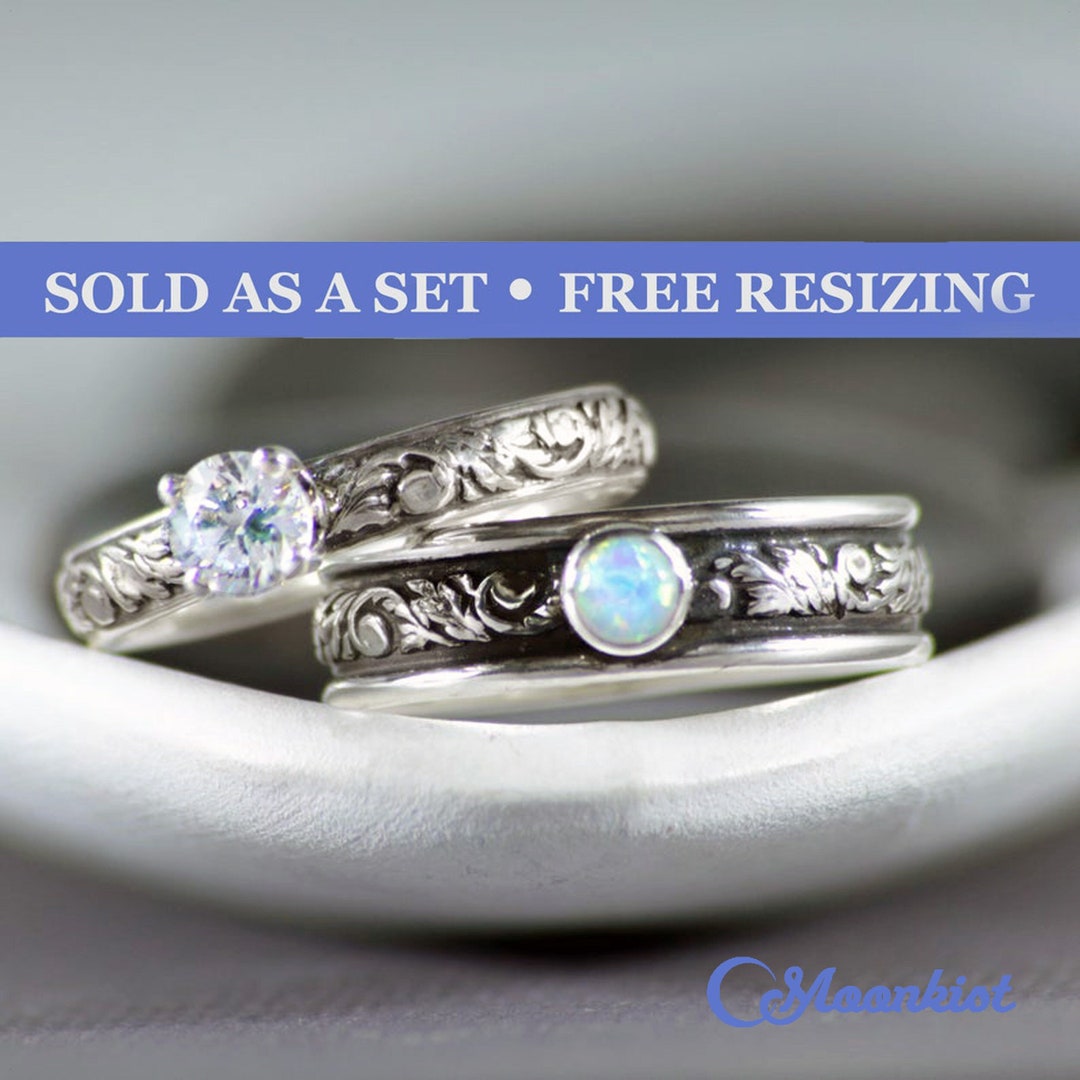 Nature Inspired Couple Ring Set, Sterling Silver Matching Rings for ...