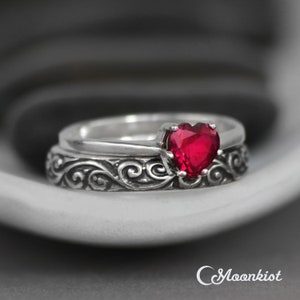 Ruby Heart Engagement Ring Set, Sterling Silver Ruby Heart Ring, Ruby Promise Ring for Her, July ...
