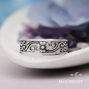 Magnolia Flower Wedding Band for Women, Antique Floral Filigree Wedding ...