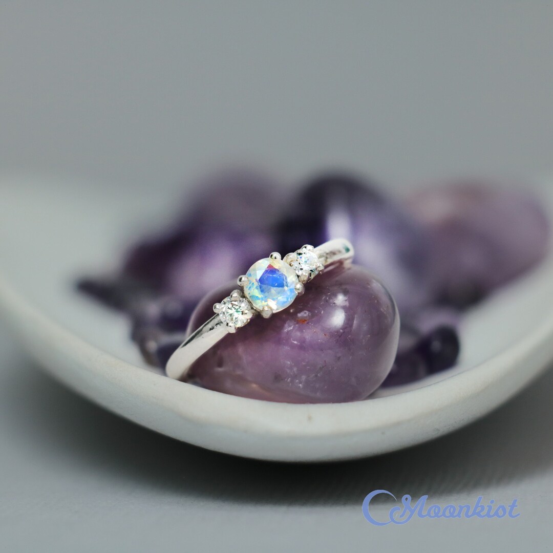 Rainbow Moonstone Three Stone Ring, Sterling Silver Moonstone Ring for ...