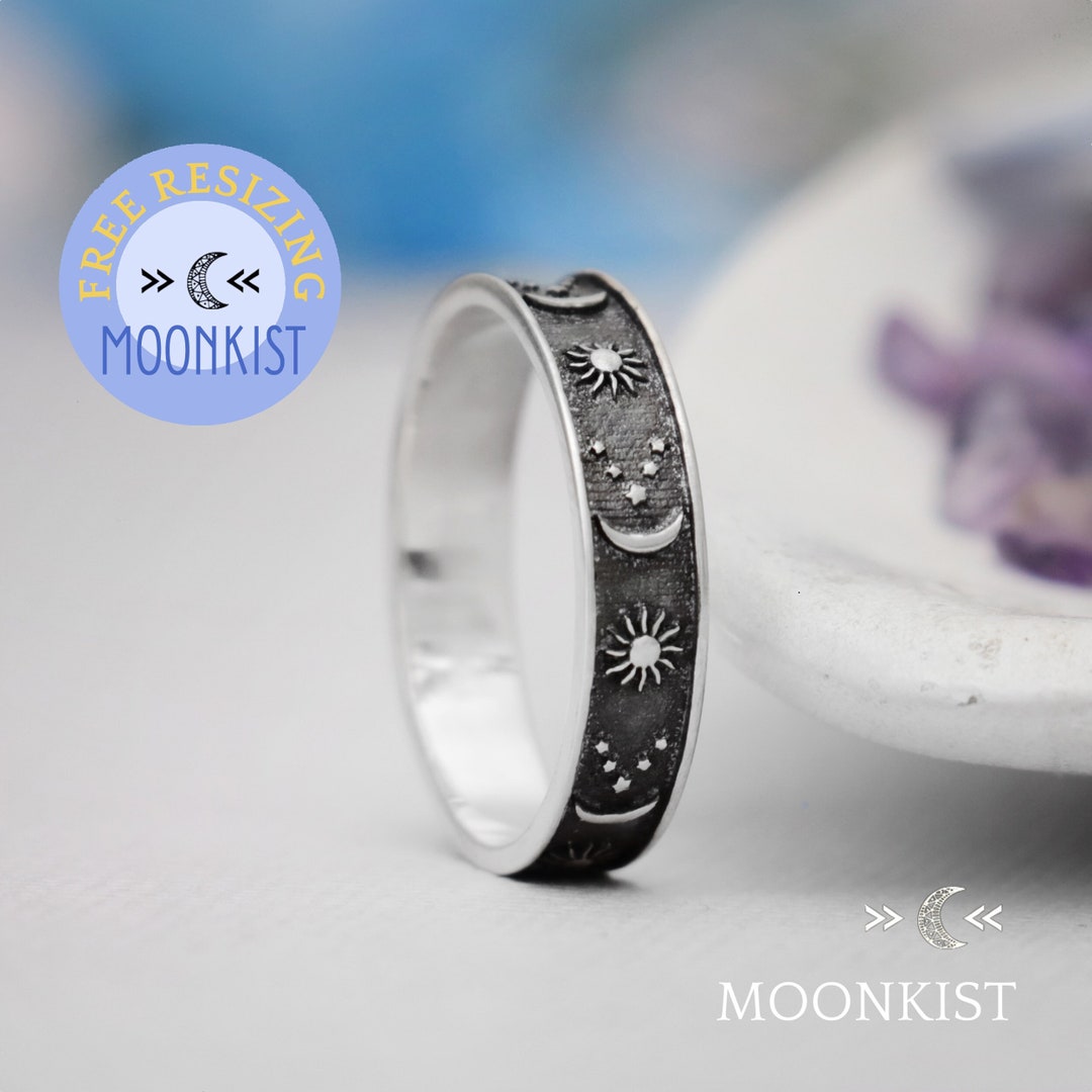 Sun Moon Stars Ring, Ladies Celestial Silver Wedding Ring, Star Band Ring, Crescent Moon Wedding ...