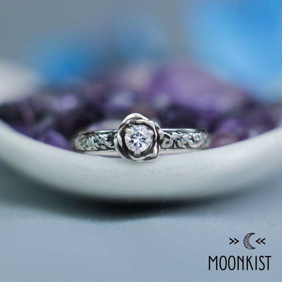 Moissanite Flower Engagement Ring, Handmade Sterling Silver Rose ...