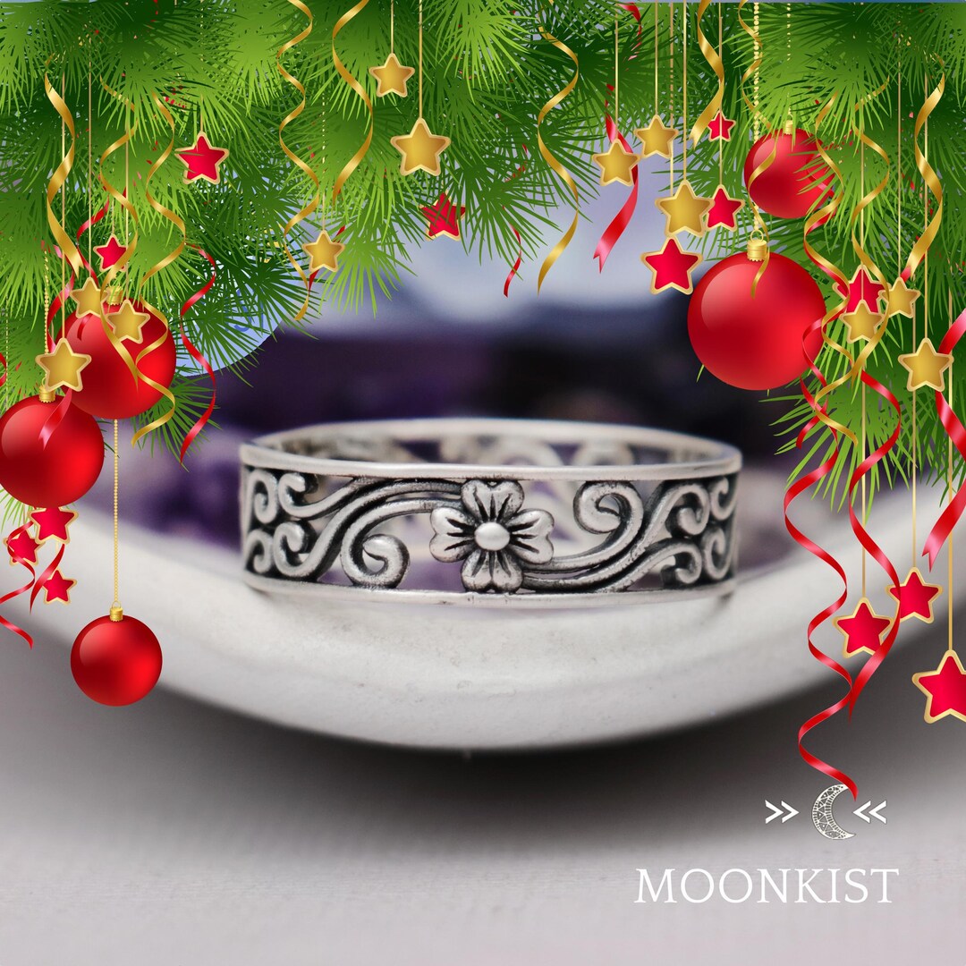 Magnolia Flower Wedding Band for Women, Antique Floral Filigree Wedding ...