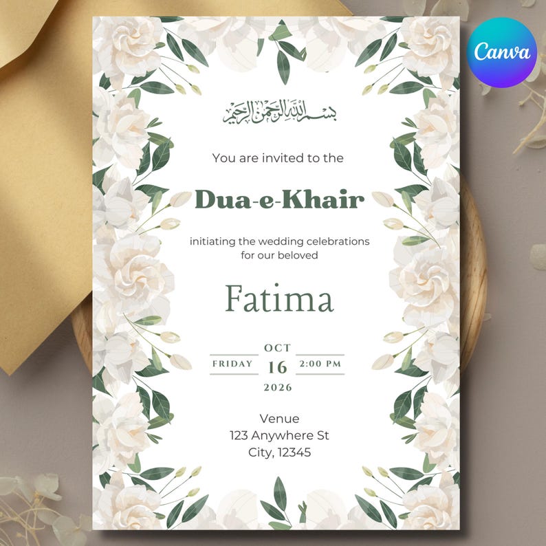 Dua E Khair Invitation: White Green Floral Islamic Muslim Prayer ...