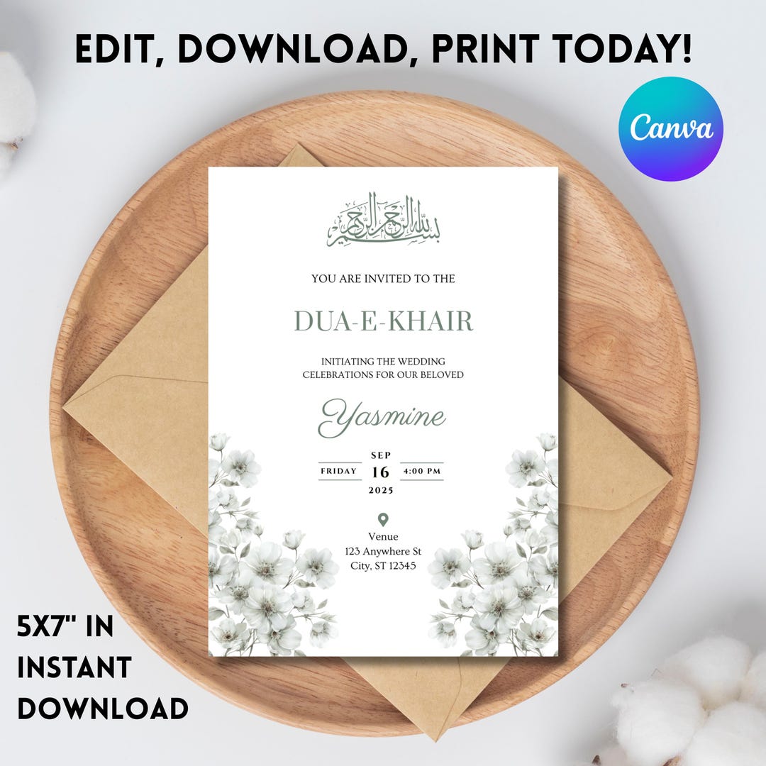 Dua E Khair Invitation: Sage Green Floral Islamic Muslim Prayer ...