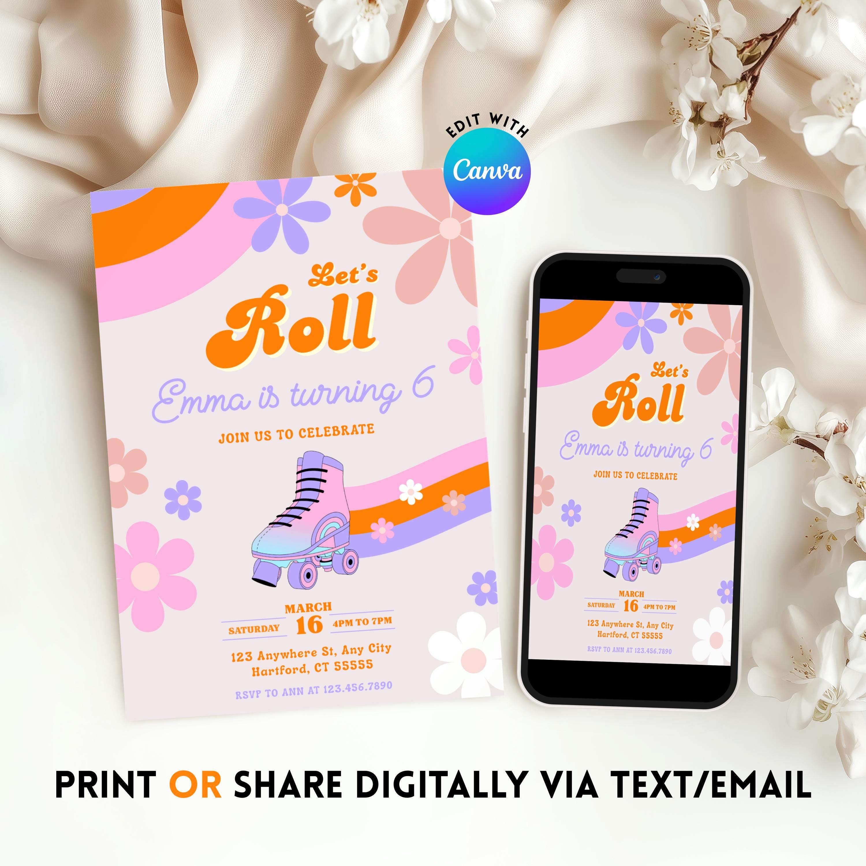 Roller Skate Birthday Invitation Template, Let’s Roll Retro Daisy ...