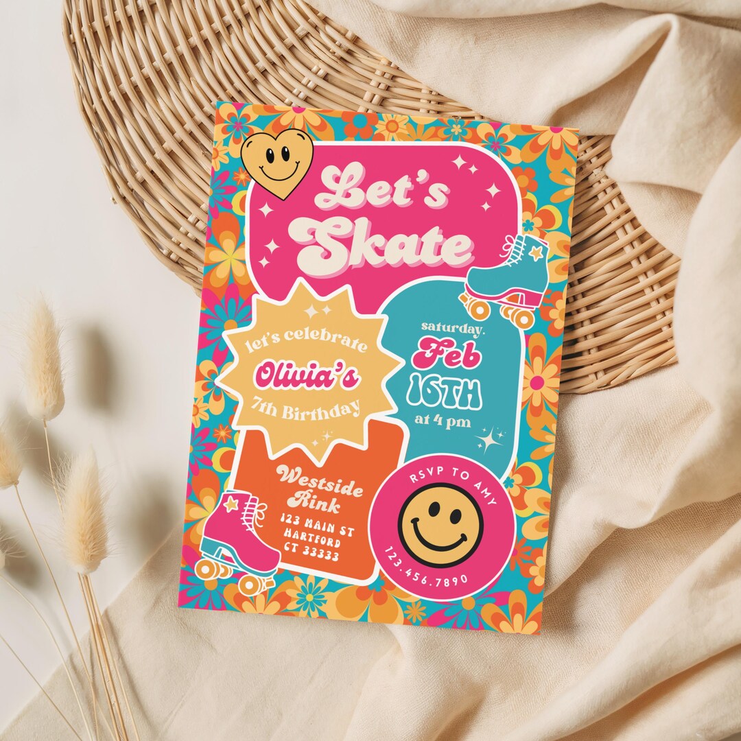 Roller Skate Birthday Invitation Template, Let’s Roll Retro Daisy ...