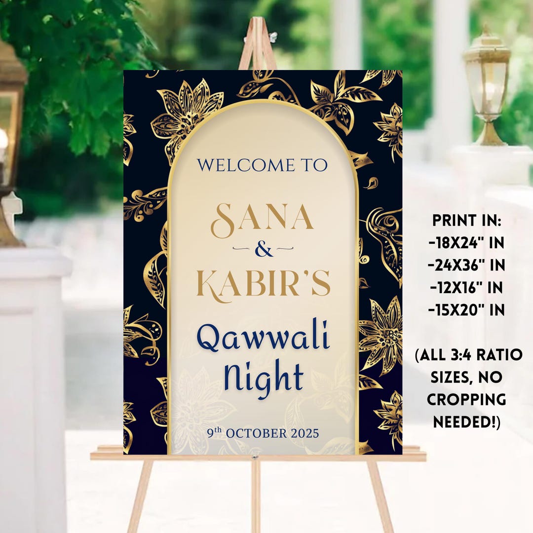Navy & Gold Qawwali Night Welcome Sign: Editable Canva Template ...