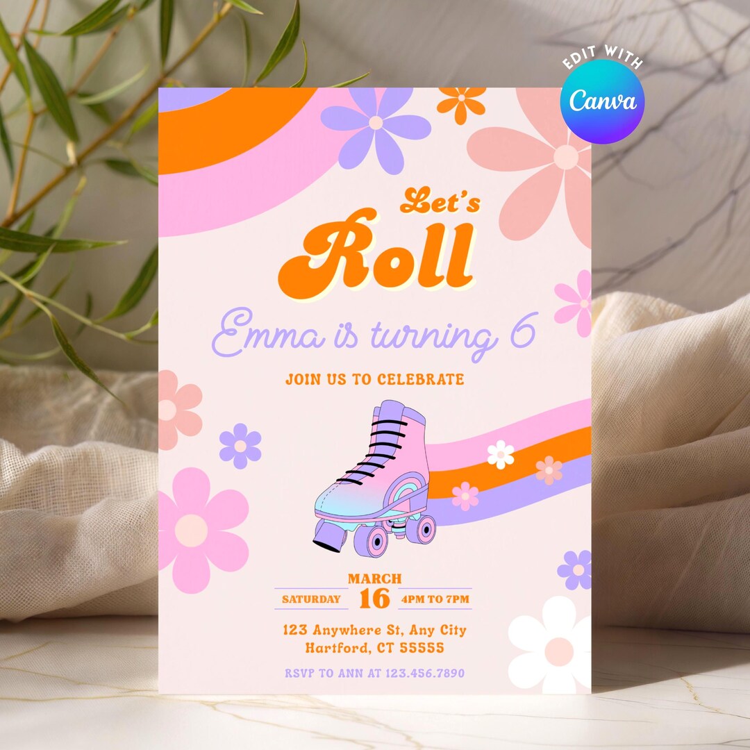 Roller Skate Birthday Invitation Template, Let’s Roll Retro Daisy ...