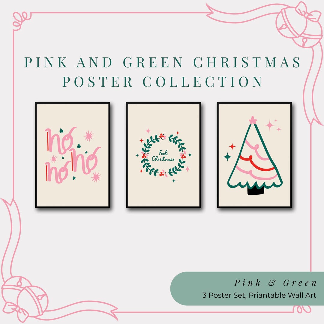 Pink & Green Holiday Poster Set – Printable Wall Art (digital Download ...