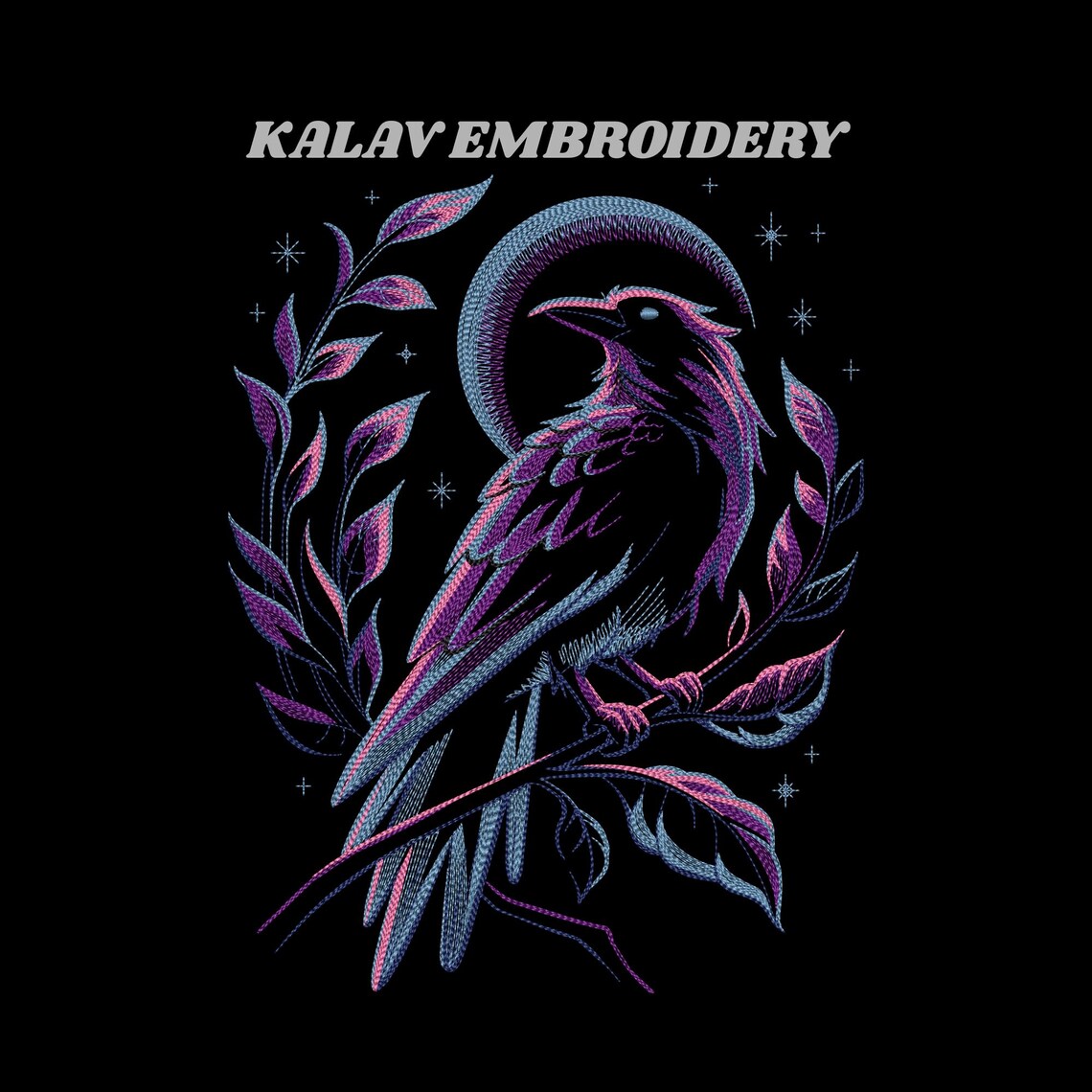 Mystical Raven Embroidery Design - Celestial Crow With Moon & Leaves ...