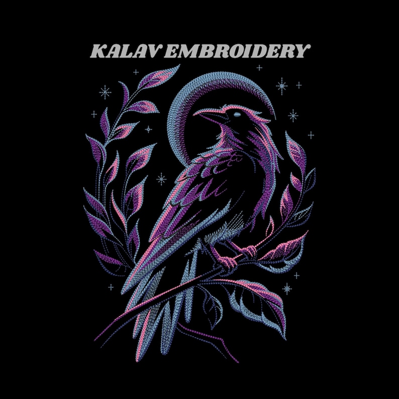 Mystical Raven Embroidery Design - Celestial Crow With Moon & Leaves ...
