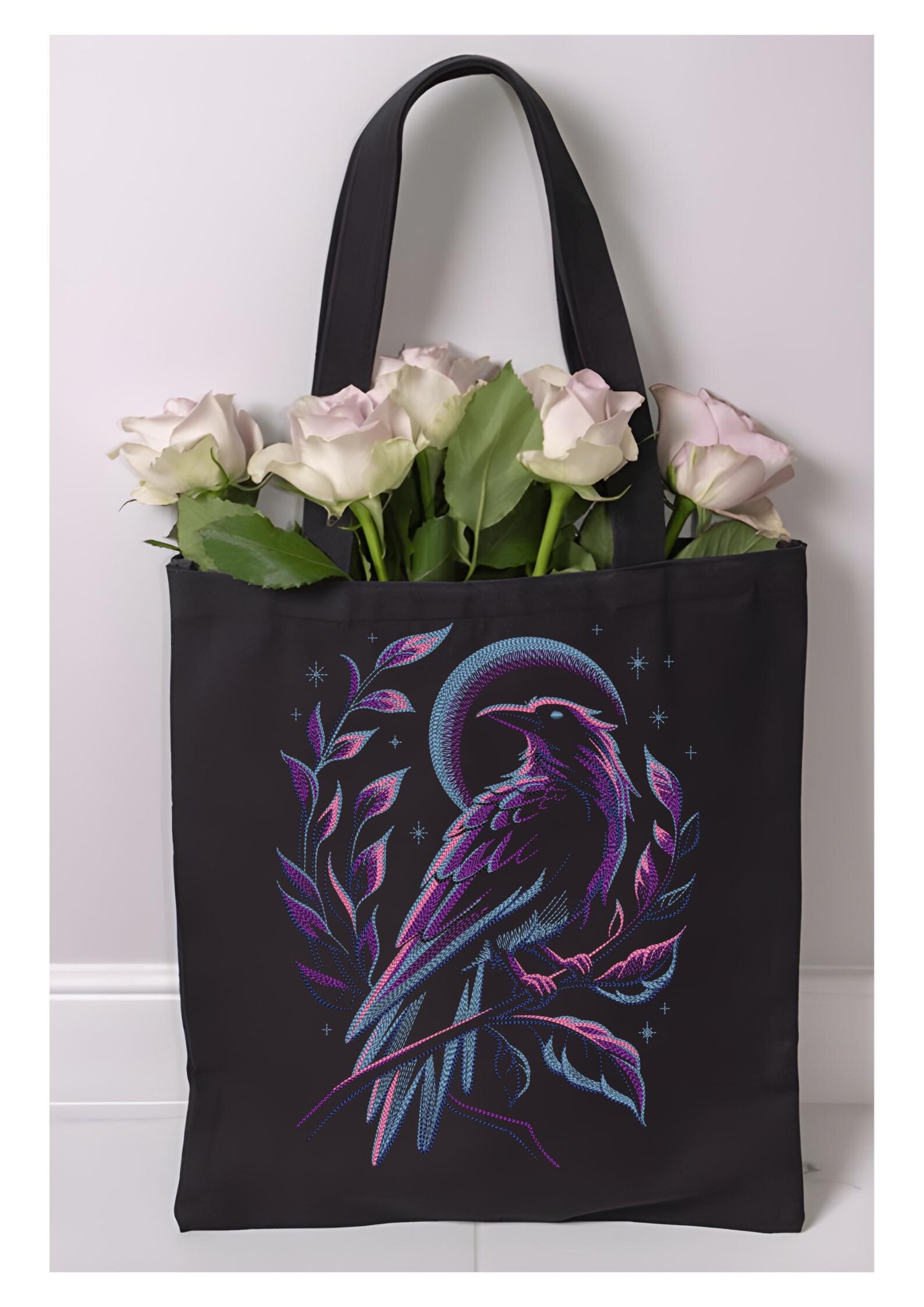 Mystical Raven Embroidery Design - Celestial Crow With Moon & Leaves ...