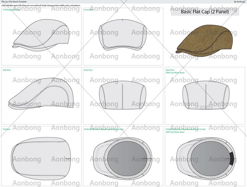 Flat Cap Flat Sketch Template | Basic (2 Panel) · 6 Views (digital ...
